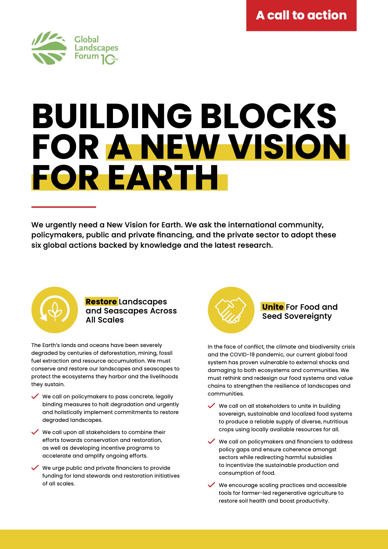 Building blocks for a new vision for earth – A call to action
